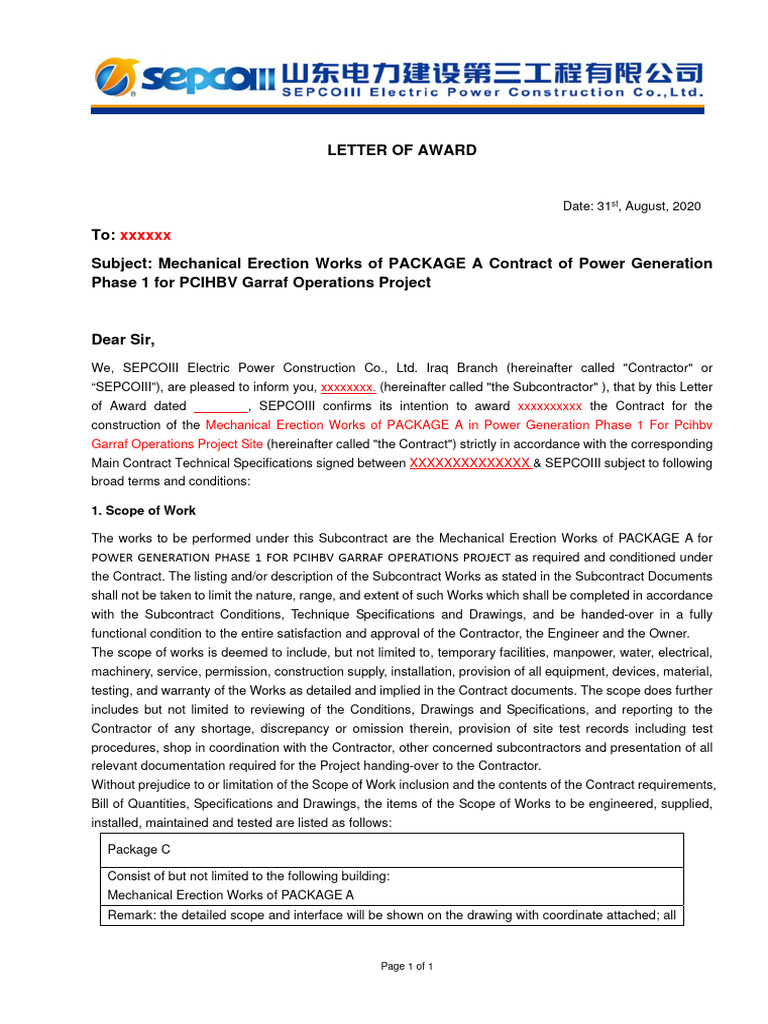 Section B Letter of Award | PDF | Subcontractor | General Contractor