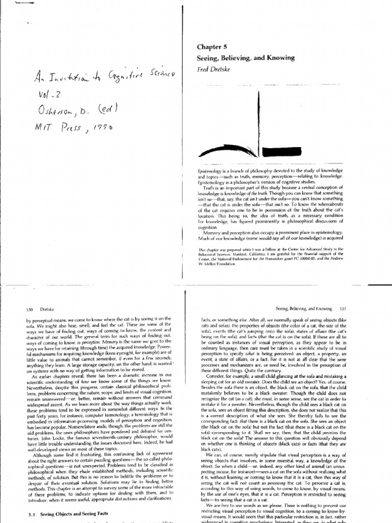 Dretske, Seeing Believing and Knowing | PDF | Knowledge | Perception
