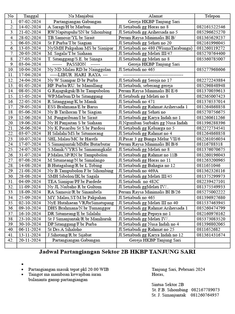 Jadwal Partangiangan Sektor II-B HKBP TANJUNG SARI | PDF