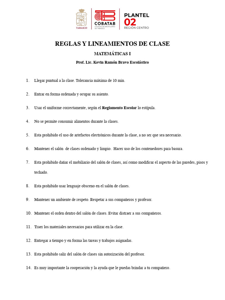 Reglas Y Lineamientos de Clase: Matemáticas I | PDF