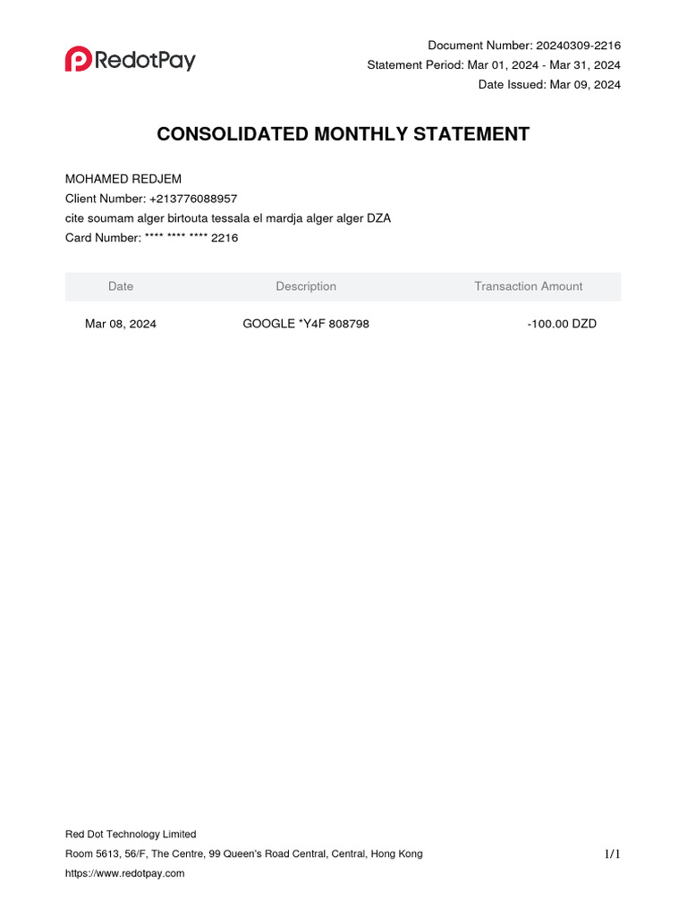 Consolidated Monthly Statement: Date Description Transaction Amount ...