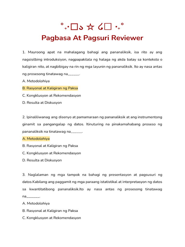 ? Pagbasa at Pagsuri Reviewer ? | PDF