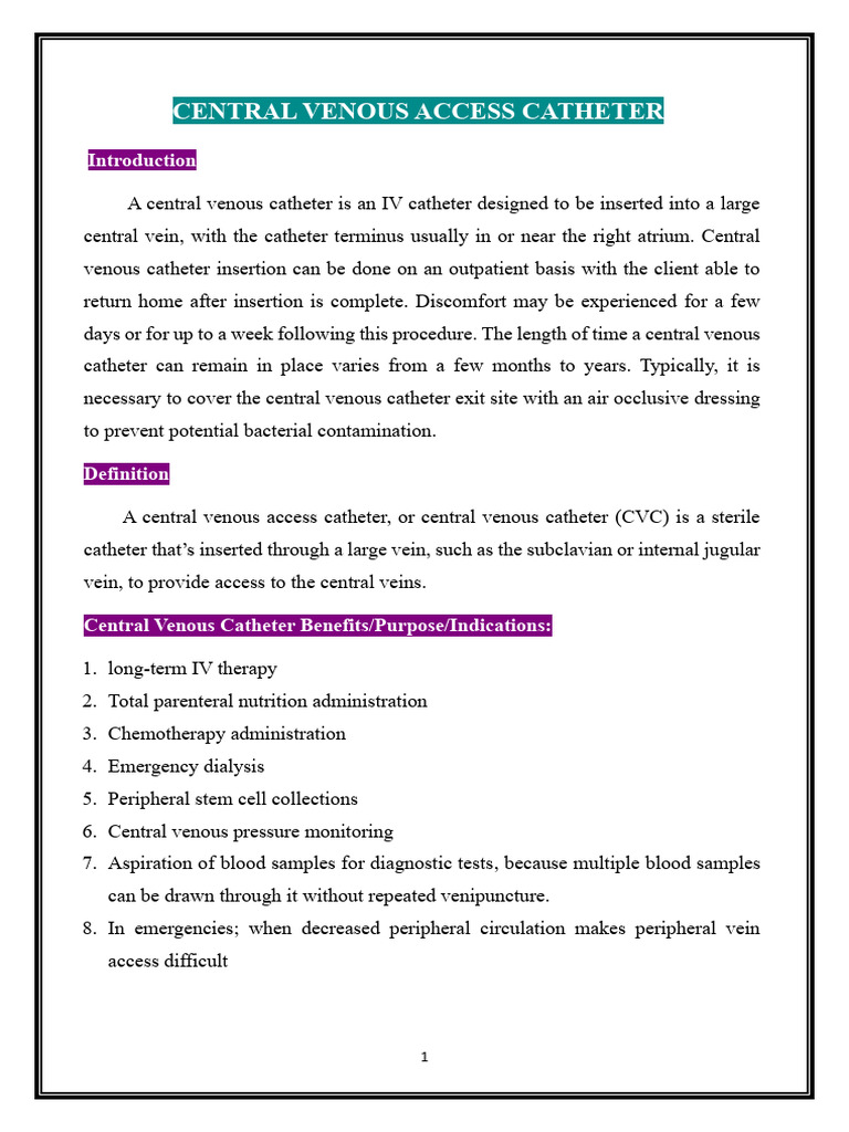 Central Venous Catheter Overview | PDF | Intravenous Therapy | Vein