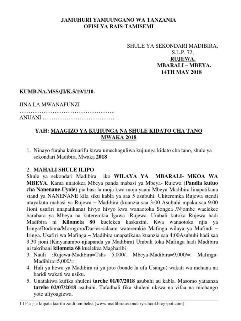 Madibira Secondary School Joining Instruction | PDF