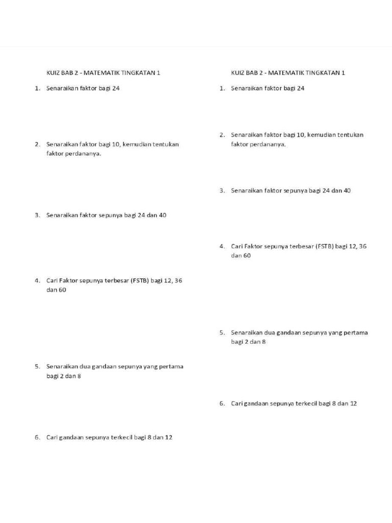 Kuiz Form 1 Bab 2 Math | PDF