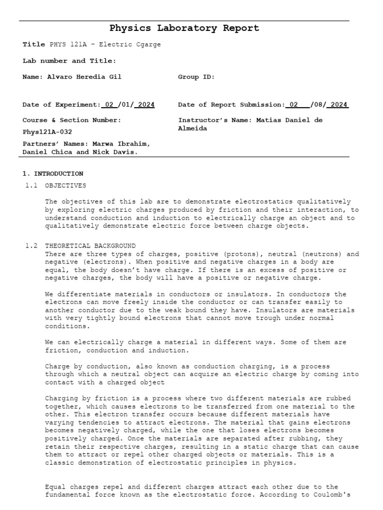 LAB 1 - Electric Charge | PDF | Electric Charge | Electron