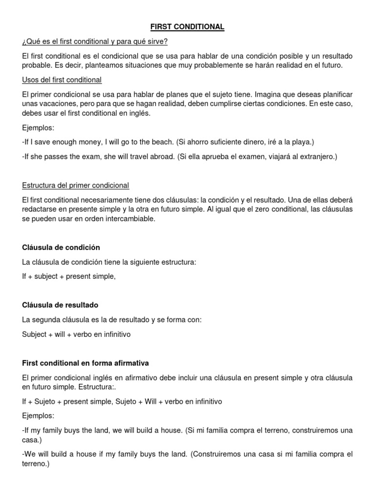 FIRST CONDITIONAL y SECOND CONDITIONAL | PDF | Asunto (gramática) | Verbo