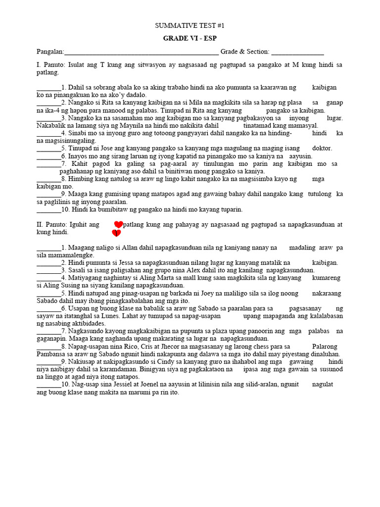 Summative Test Esp 2nd Quarter #1 | PDF