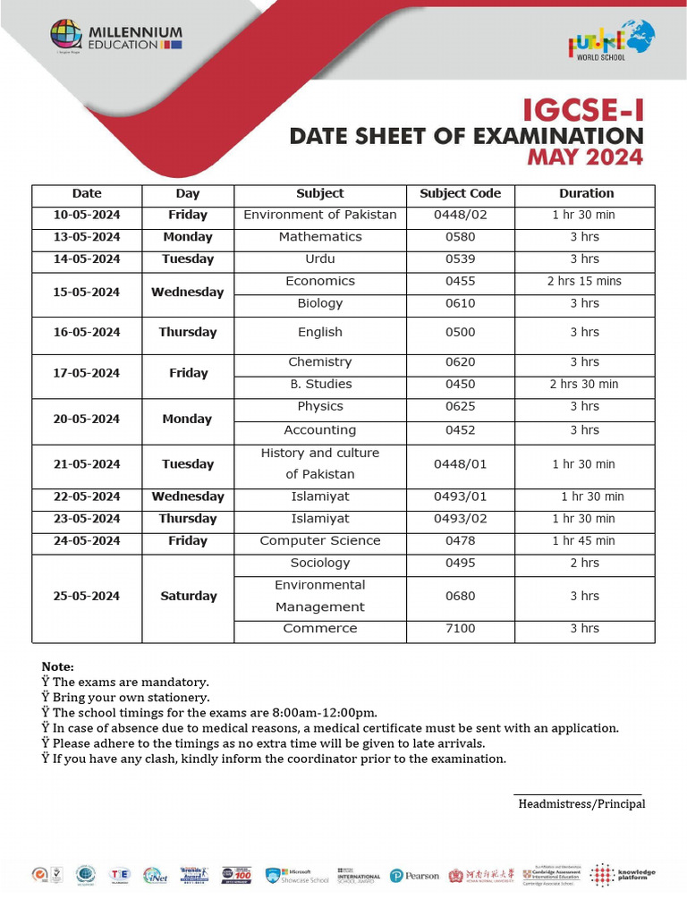 IGCSE I Date Sheet May 2024 | PDF | Chemical Bond | Muhammad Ali Jinnah