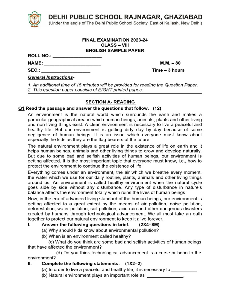 English GR8 Sample Paper 202324 1 | PDF | Natural Environment | Pollution