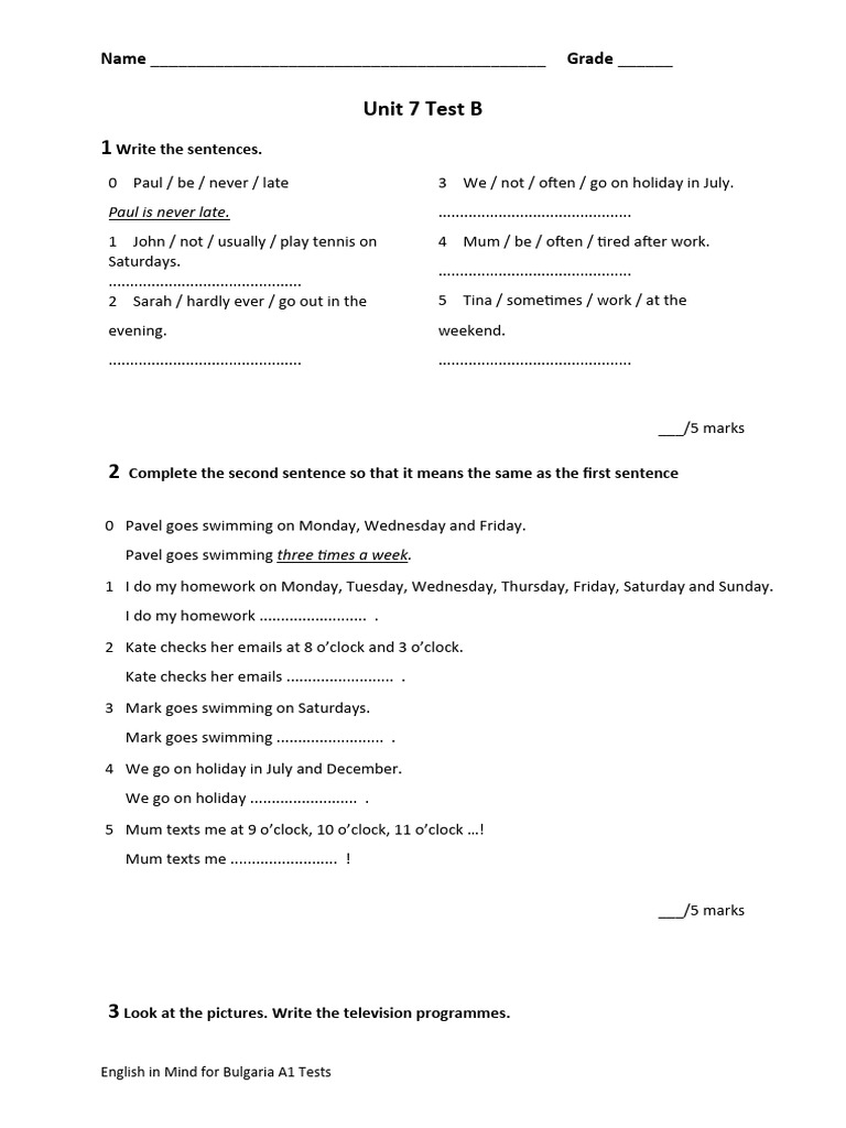 Unit 7 Test B: English A1 Practice | PDF