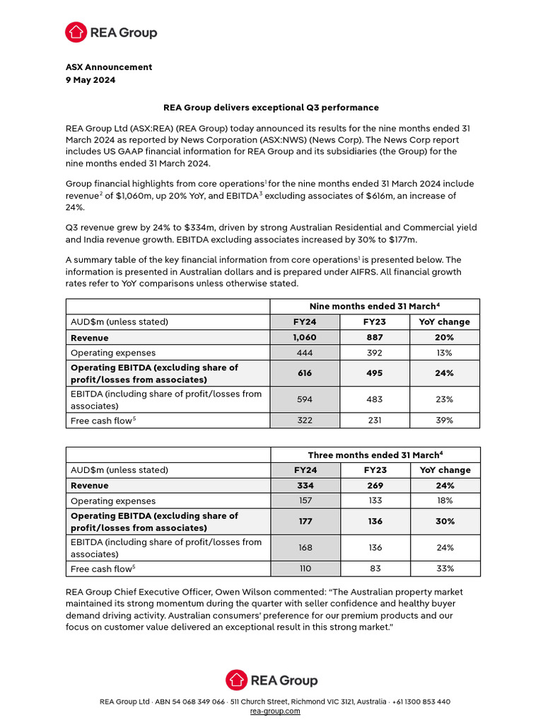 REA Group Q3 2024 Financial Results | PDF | Investing | Economies