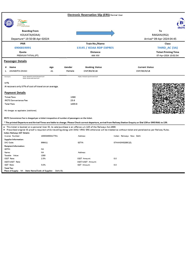 Print KOLKATA (KOAA) RAIGANJ (RGJ) 6906819091 | PDF | Taxation | Government Finances