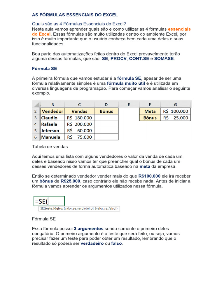 As Fórmulas Essenciais Do Excel | PDF | Argumento | Microsoft Excel