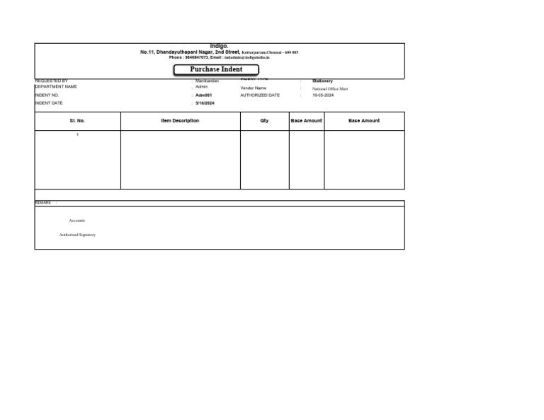Purchase Indent Excel Format | PDF