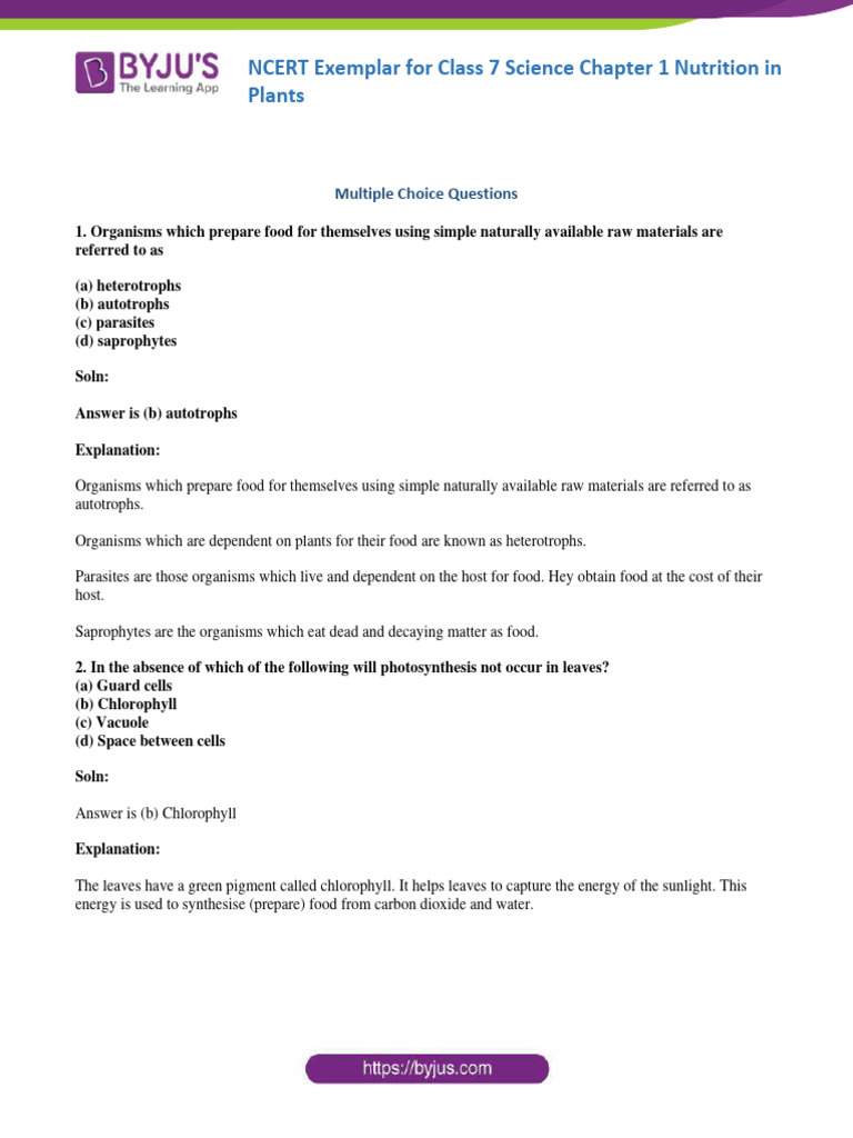 NCERT Exemplar Solution Class 7 Science Chapter 1 | PDF | Leaf | Nutrition