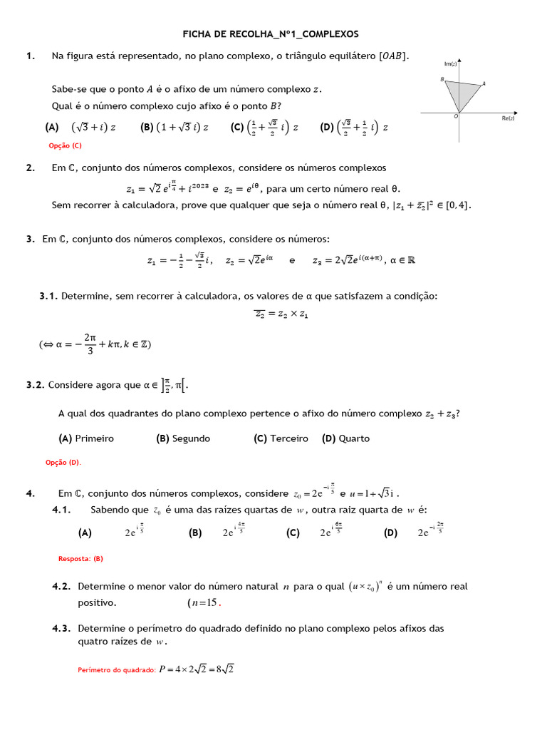 Ficha Nº1 Complexos.. | PDF | Número complexo | Números