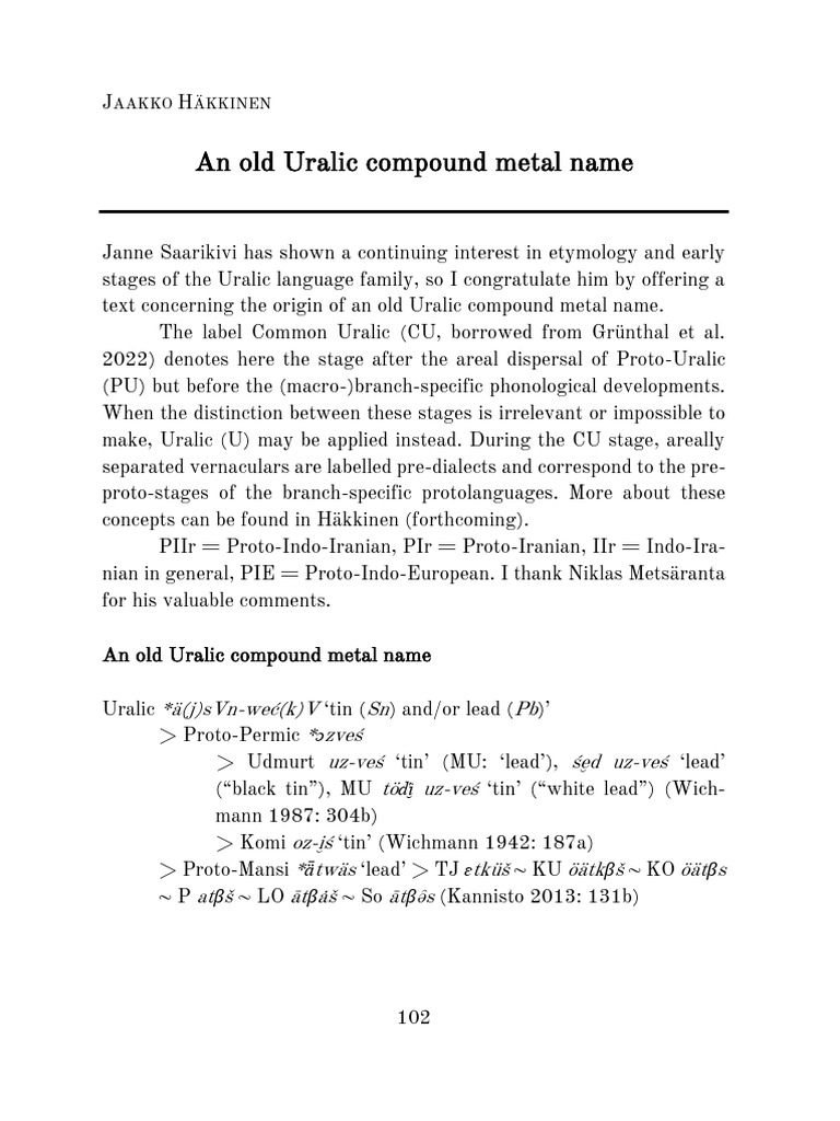 An Old Uralic Compound Metal Name | PDF | Linguistics | Language Families