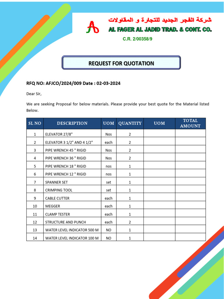 9.RFQ Format-Afajco - Budget RFQ | PDF