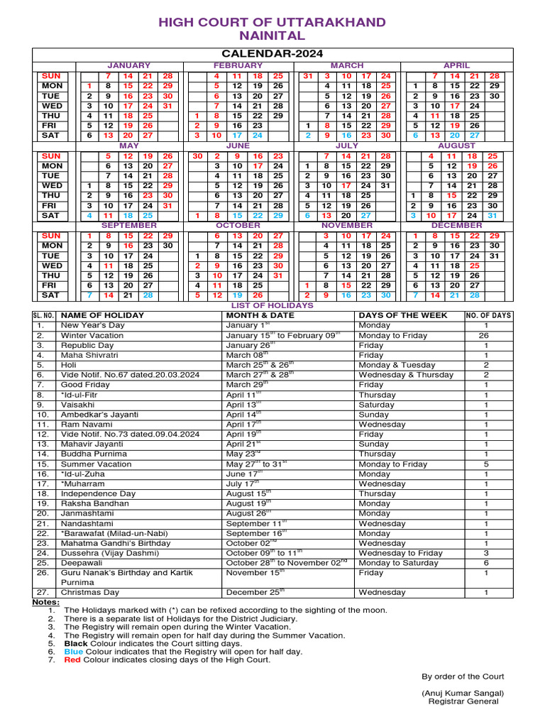 Uttarakhand High Court Calendar 2024 | PDF | Observances | Holidays