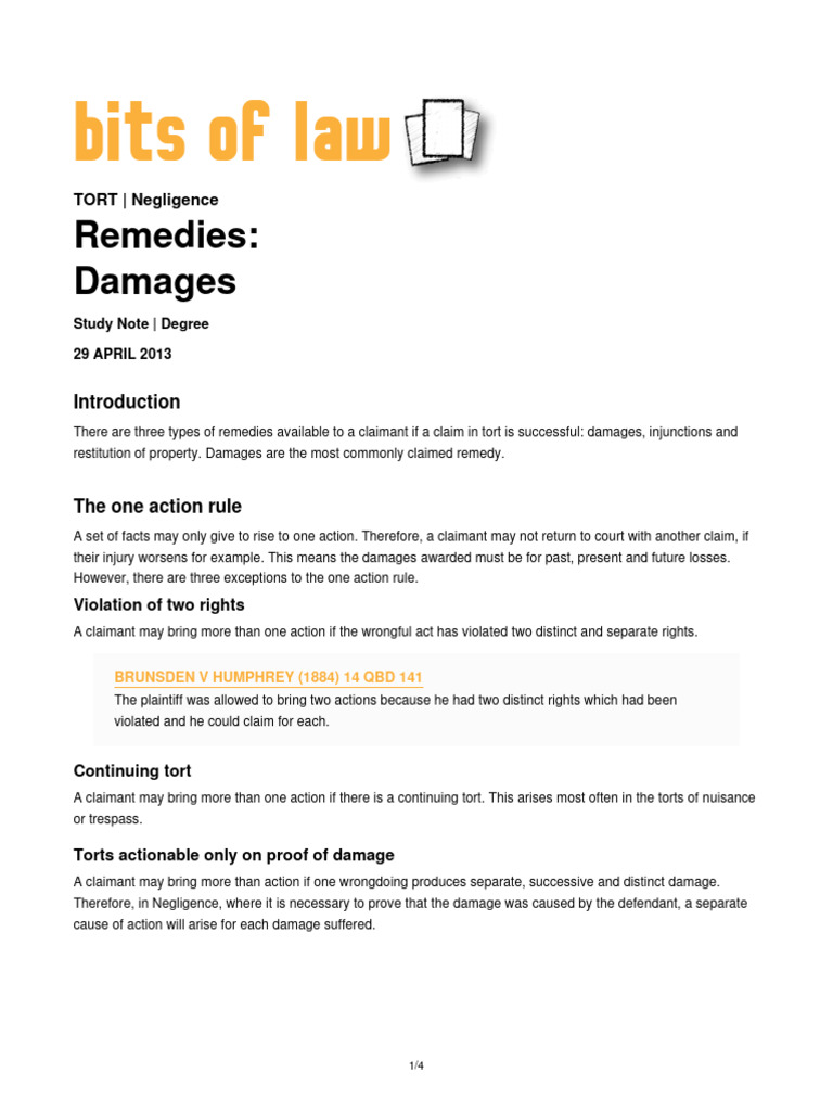 Tort Law: Remedies and Damages Explained | PDF | Damages | Tort