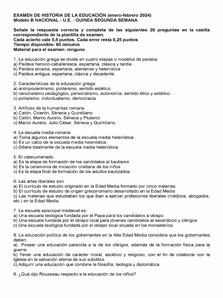 Examen 2024 feb. MOD.B HISTORIA DE LA EDUCACIÓN | PDF
