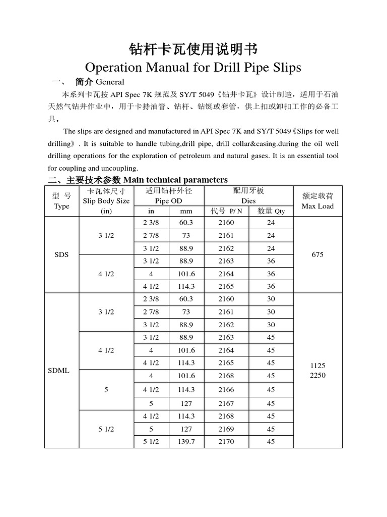 Drill Pipe Slips Operation Manual | PDF | Pipe (Fluid Conveyance) | Wear
