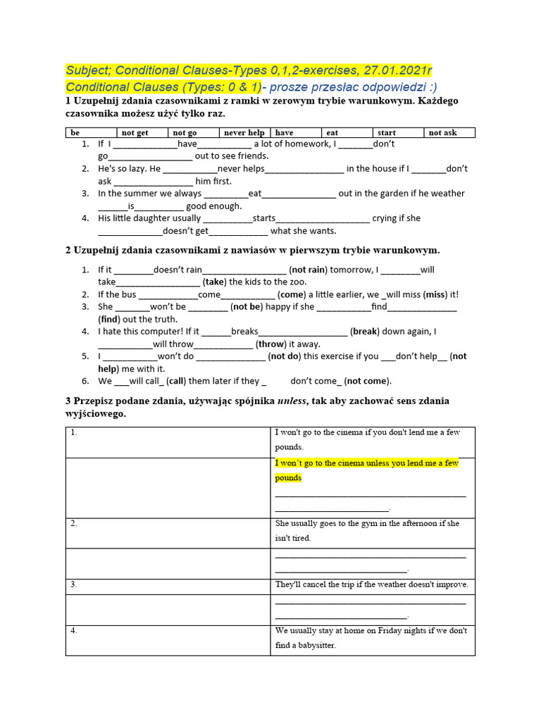 Conditionals 0,1,2 and Reading-27.01.2021r. | PDF