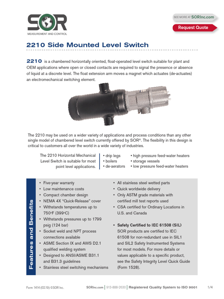 2210 Side Mounted Level Switch Cat1414 | PDF | Pipe (Fluid Conveyance ...