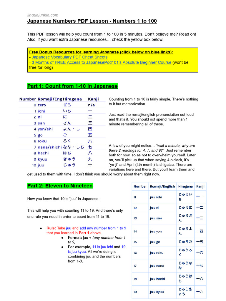 Ok Japanese Numbers PDF Lesson | PDF