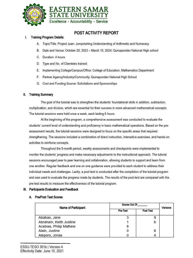 TESO FORM 301B - Post Activity Report V4 | PDF | Learning | Mentorship