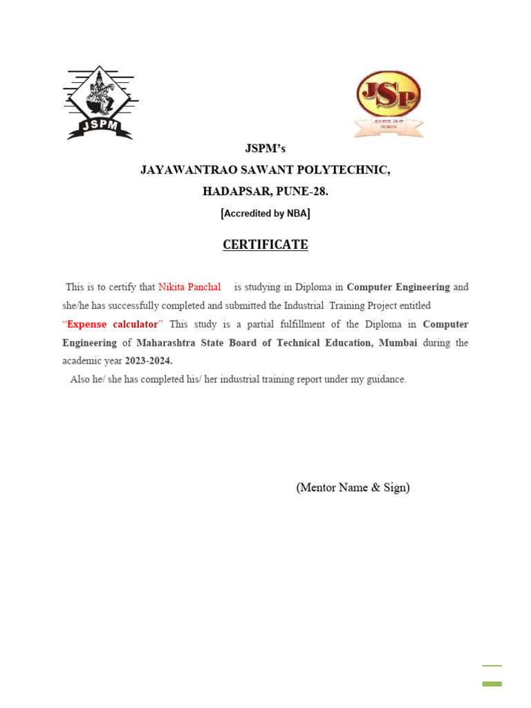 JSPM's Jayawantrao Sawant Polytechnic, Hadapsar, Pune-28. | PDF