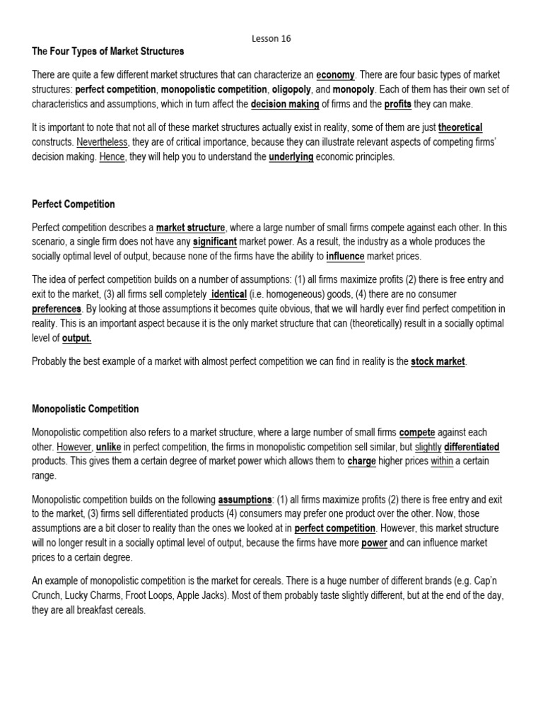 The Four Types of Market Structures: Lesson 16 | PDF | Monopoly ...