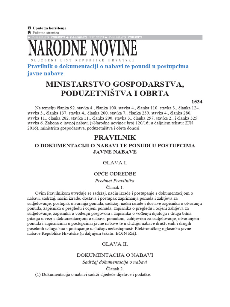 Ministarstvo Gospodarstva, Poduzetništva I Obrta: Pravilnik o Dokumentaciji o Nabavi Te Ponudi U ...