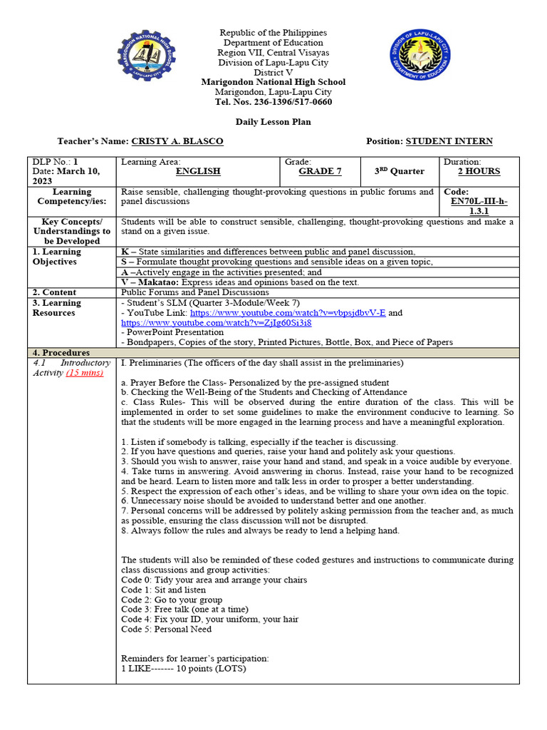WEEK 7 Lesson Plan | Download Free PDF | Question | Learning