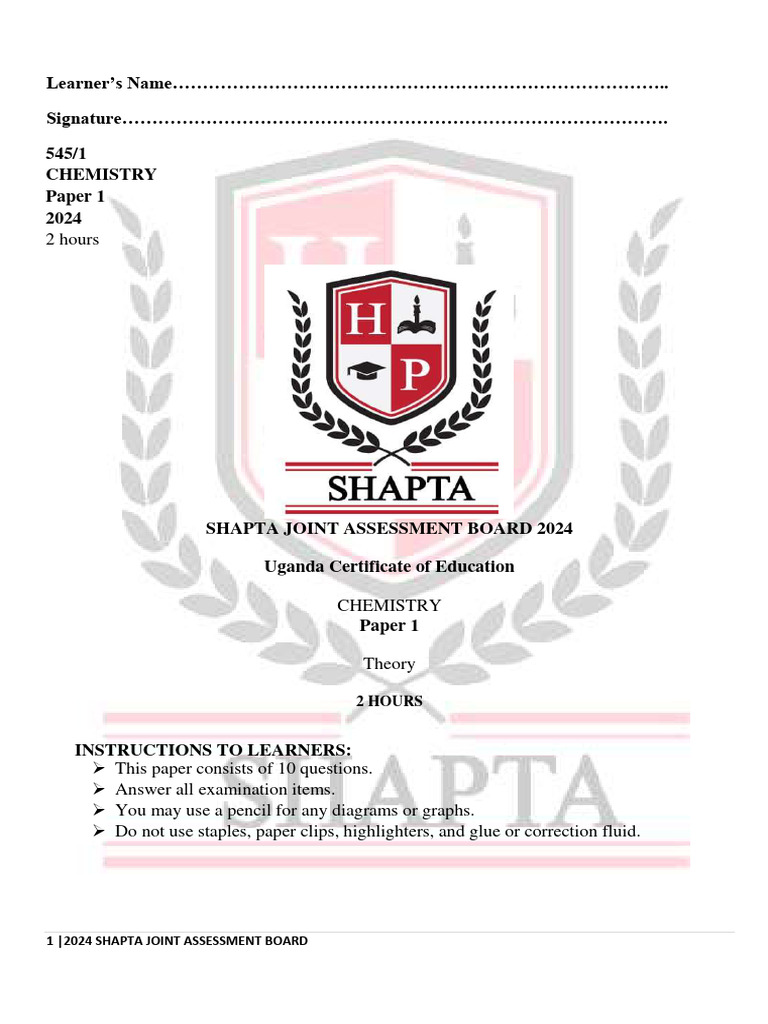 Shapta Chemistry Uce 2024 2 | PDF | Magnesium | Chemical Elements