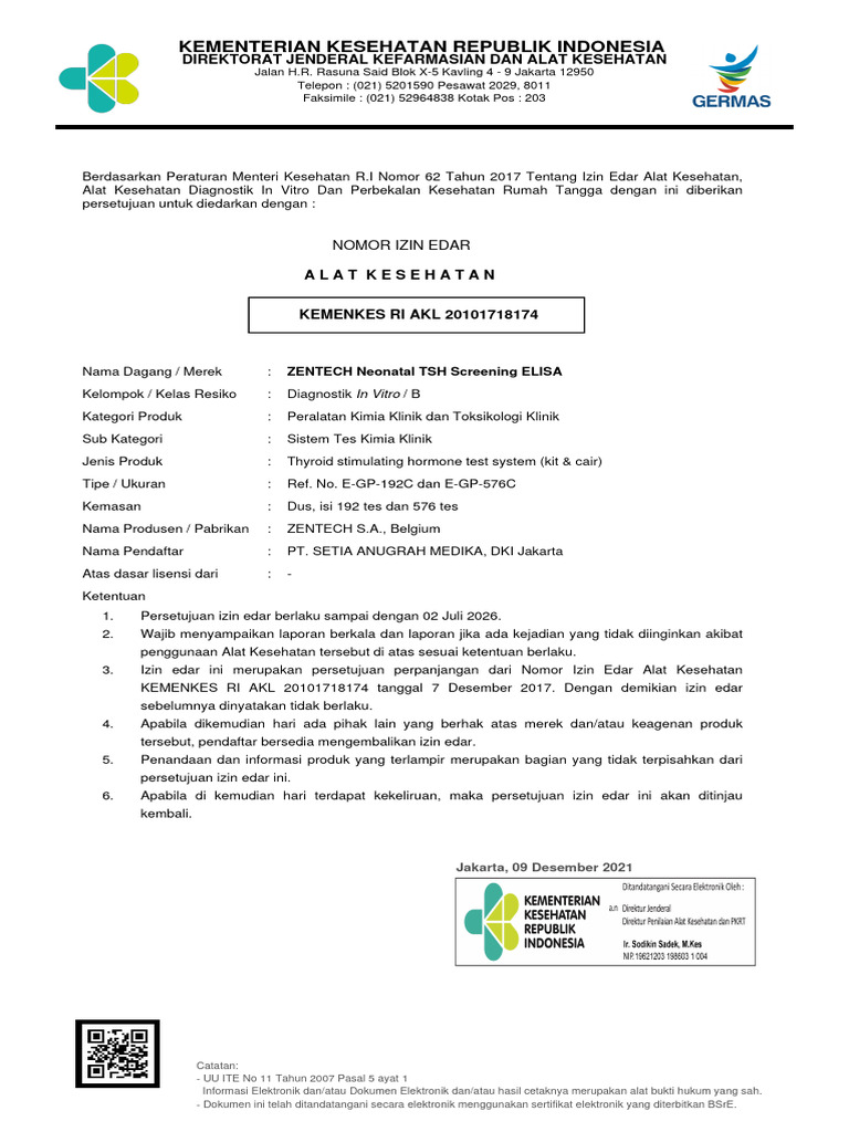 Izin Edar ZENTECH TSH Screening ELISA | PDF