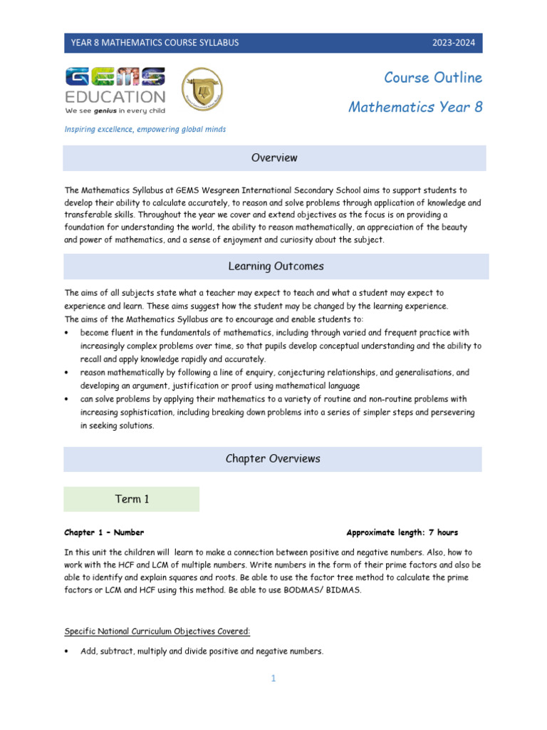 Y8 Maths Syllabus Overview 2023-2024 | PDF | Ratio | Percentage
