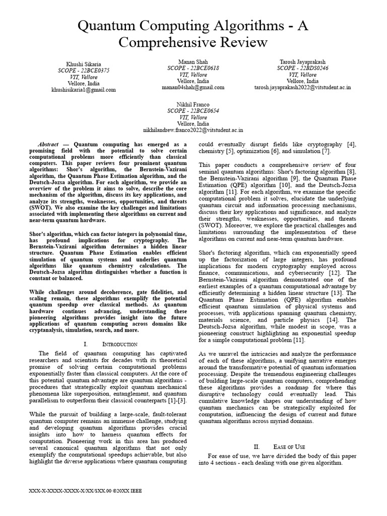 Quantum Computing Algorithms A Comprehensive Review Pdf Quantum Computing Computational