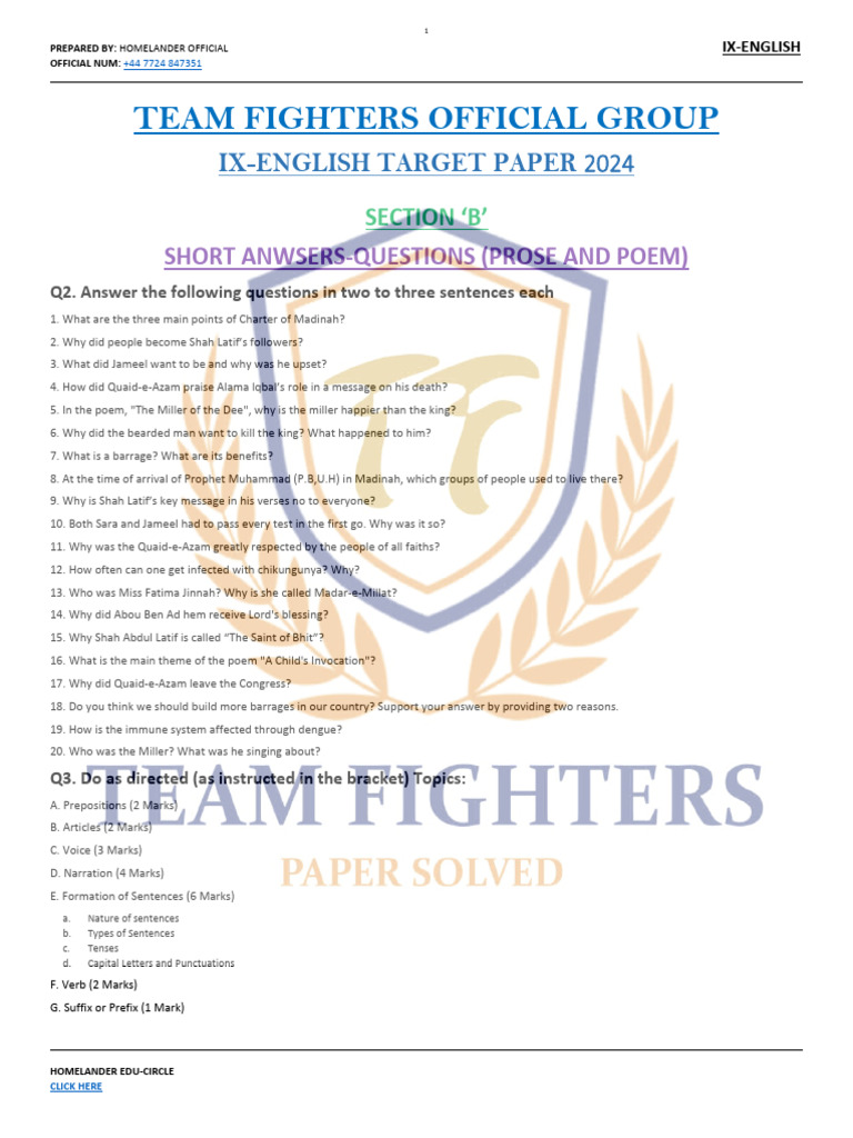 Ix-English - Target Paper 2024 - Team Fighters | PDF | Muhammad Ali ...