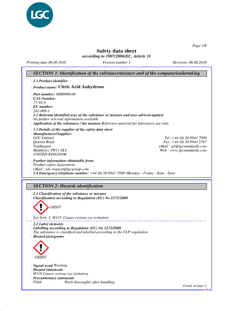 MSDS - LOT G1070119 | PDF | Dangerous Goods | Occupational Safety And Health