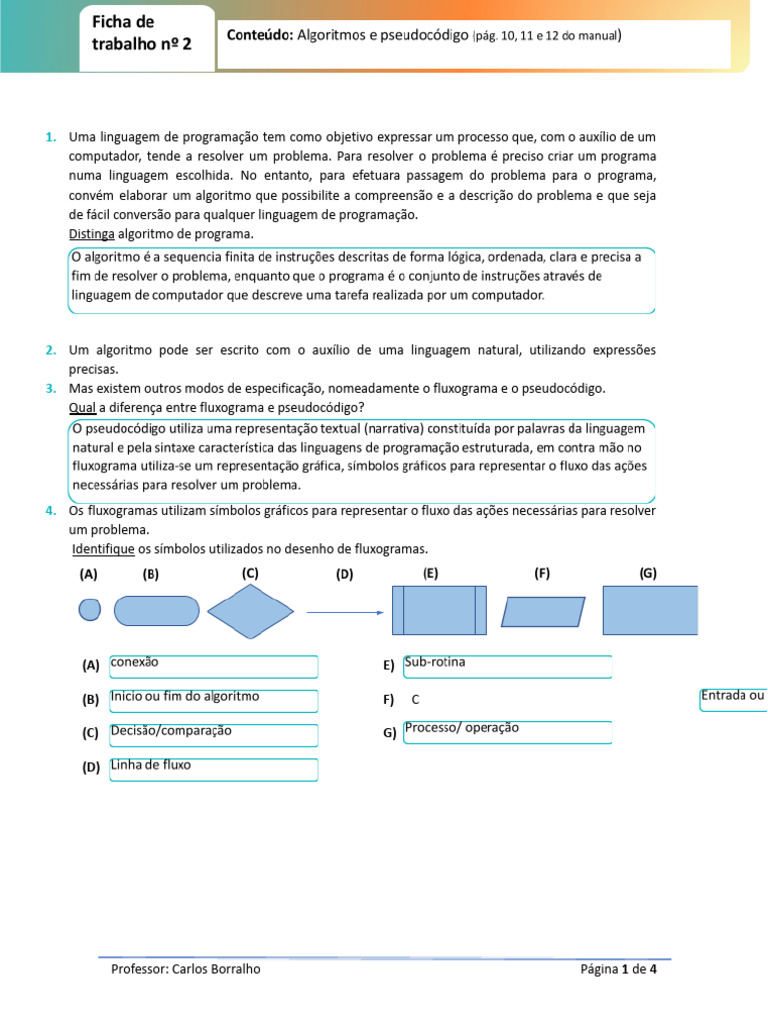2 - Ficha de Trabalho (Corrigida) | PDF | Algoritmos | Lógica matemática