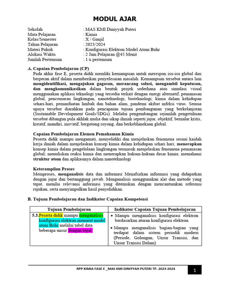 Modul Ajar Struktur Atom Bohr Kelas X | PDF
