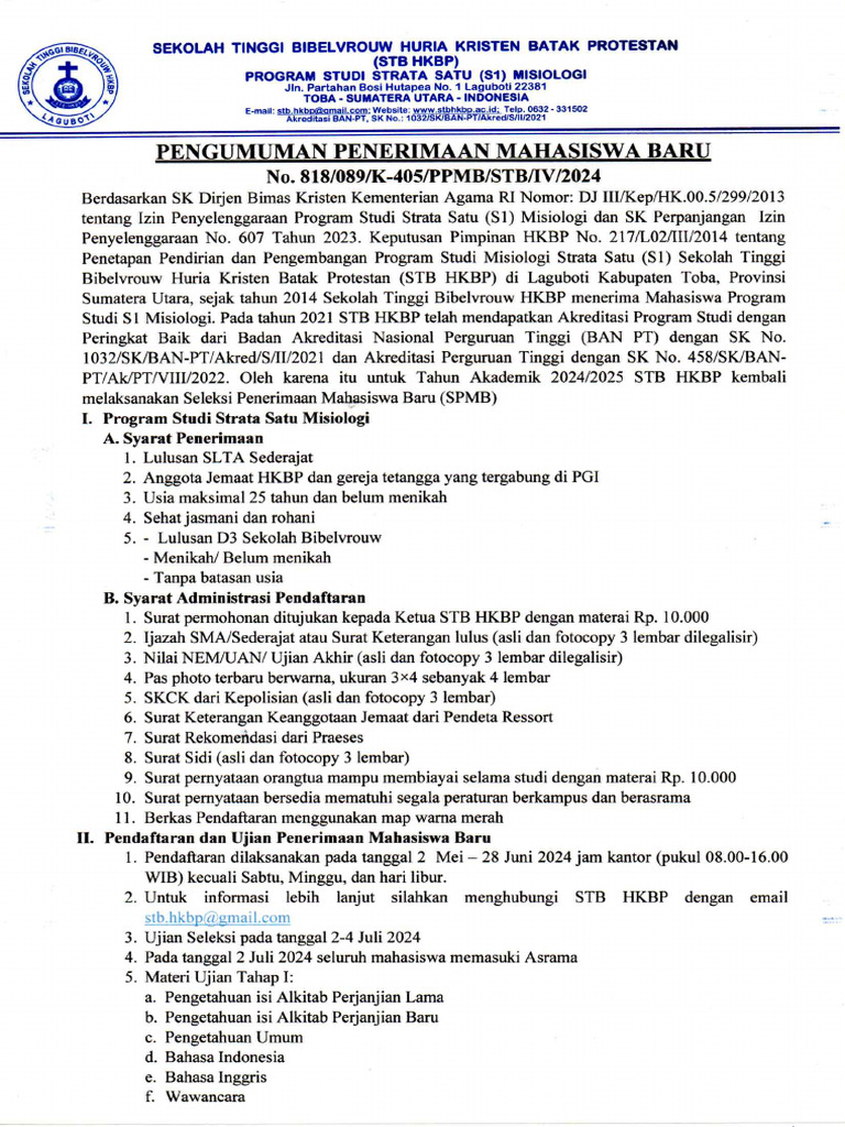 Pengumuman SPMB STB HKBP 2024-2025 | PDF