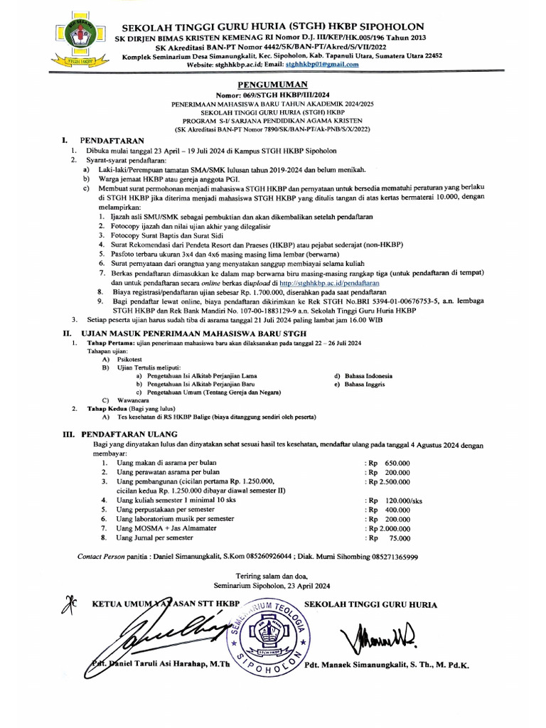 Pengumuman SPMB STGH HKBP 2024-2025 | PDF