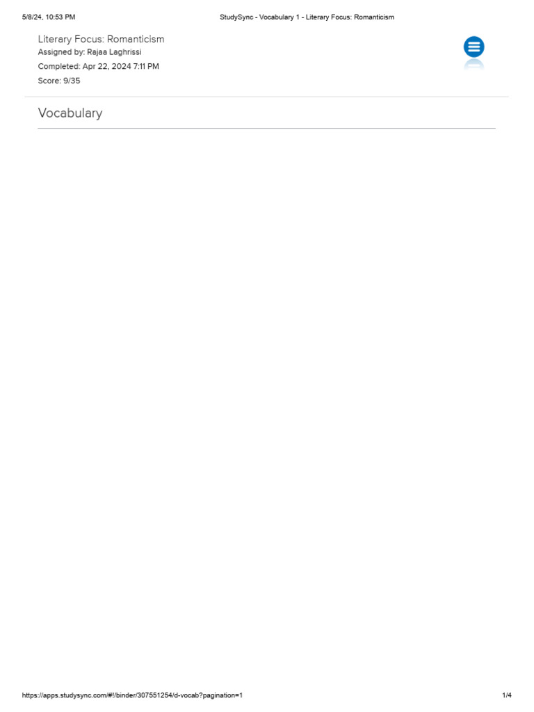 StudySync - Vocabulary 1 - Literary Focus - Romanticism | PDF | Reason ...