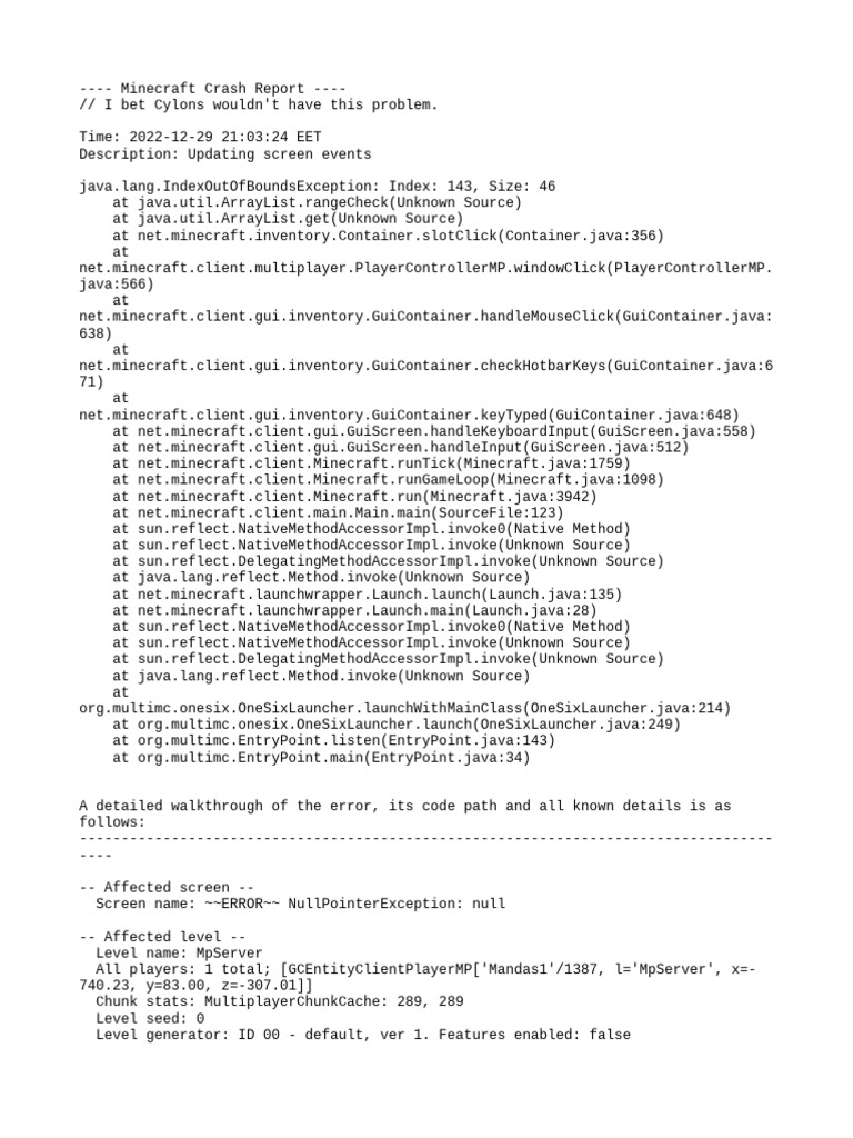 Minecraft IndexOutOfBounds Crash Report | PDF | Java Virtual Machine | Computing