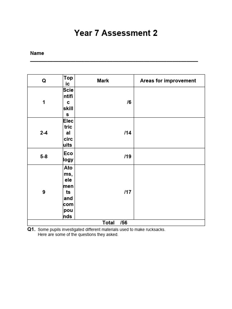 Year 7 Assessment 2 | PDF | Chemical Elements | Chemical Compounds
