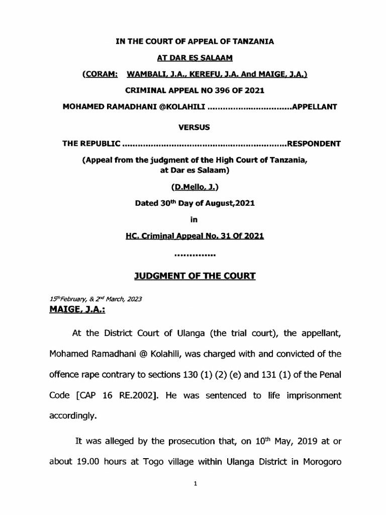 Tanzania Court Appeal: Rape Conviction Case | PDF | Appeal | Testimony