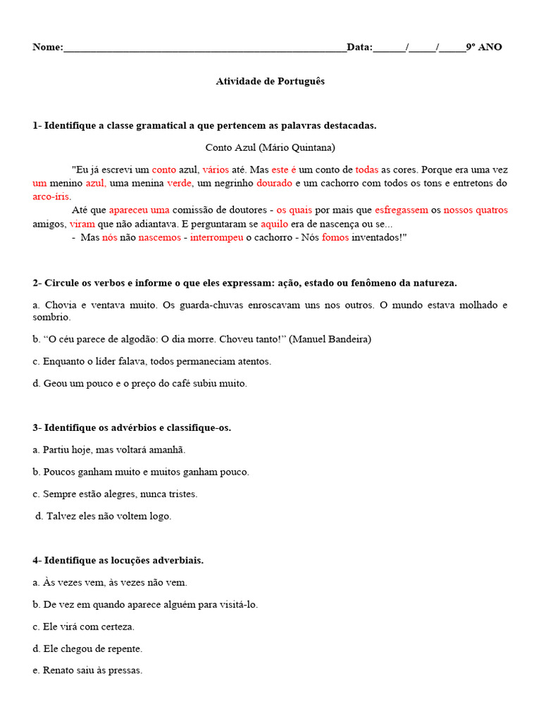Atividade 9 Ano Classes Gramaticais | PDF | Linguística